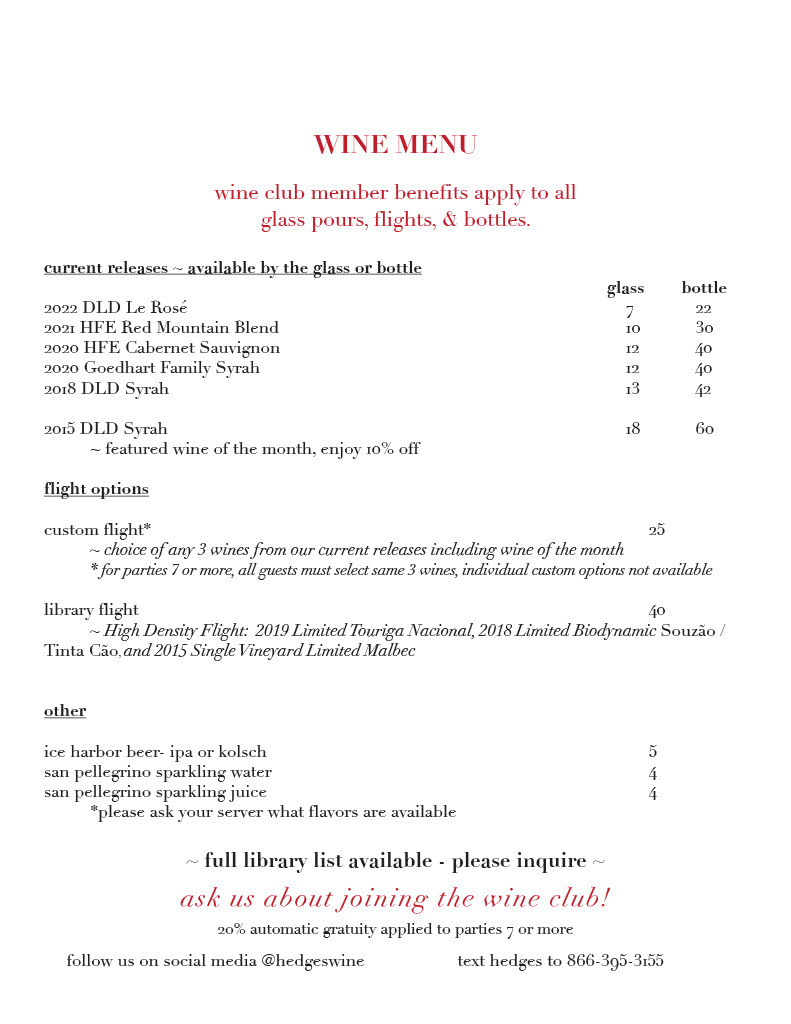 Hedges Family Estate | TASTING ROOM MENUS